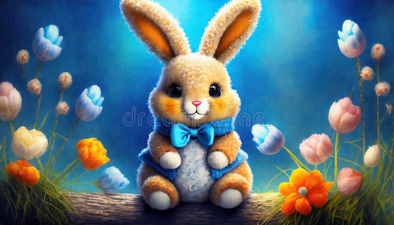 Easter Bunny on Blue Background with Flowers and Eggs Stock ...