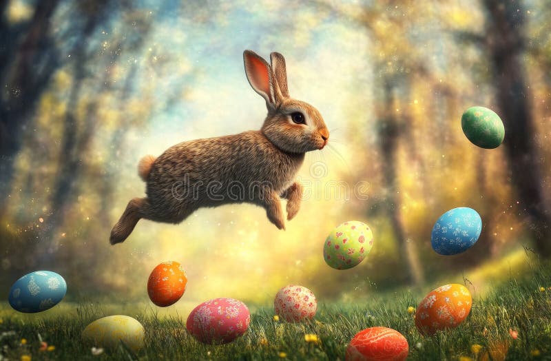 The Easter Bunny Bounds Forward, Creating a Row of Bright Easter Eggs ...