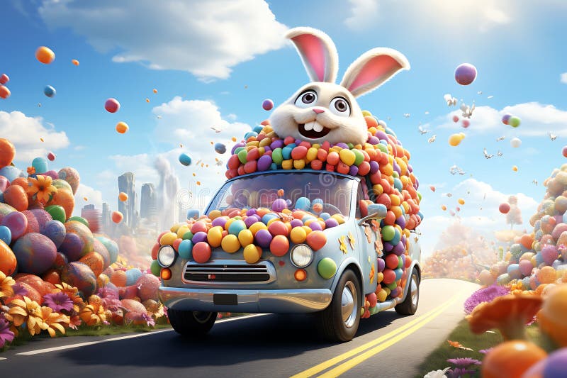Easter Bunny on Car with Colorful Eggs on Grass, Happy Easter Day Stock ...
