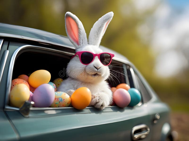 Easter Bunny in a Car Delivering Easter Eggs Stock Illustration ...