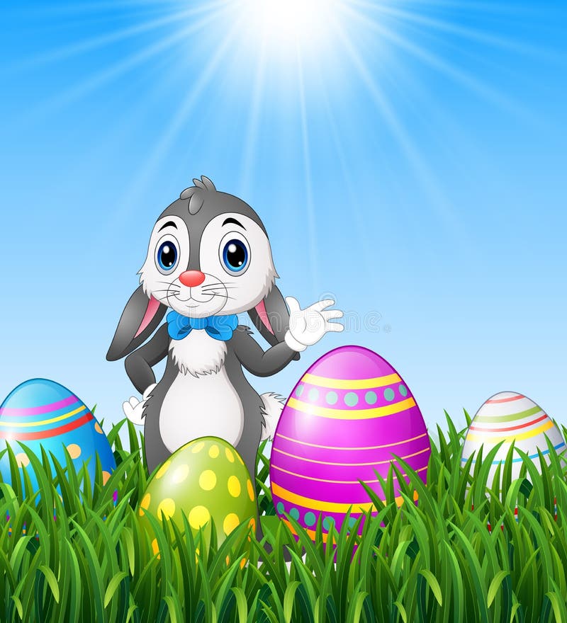 Easter Bunny Cartoon Waving with Easter Eggs in the Grass Background ...