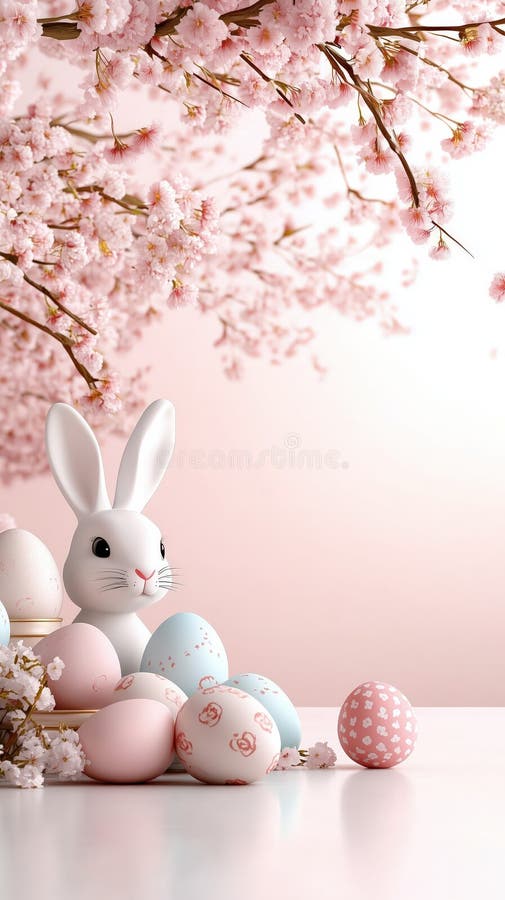 Easter Bunny Celebrating with Decorated Eggs Under Cherry Blossoms ...