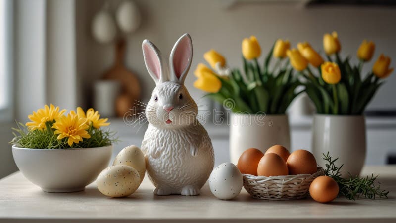Easter Bunny Celebrating with Eggs and Yellow Flowers on Kitchen Table ...