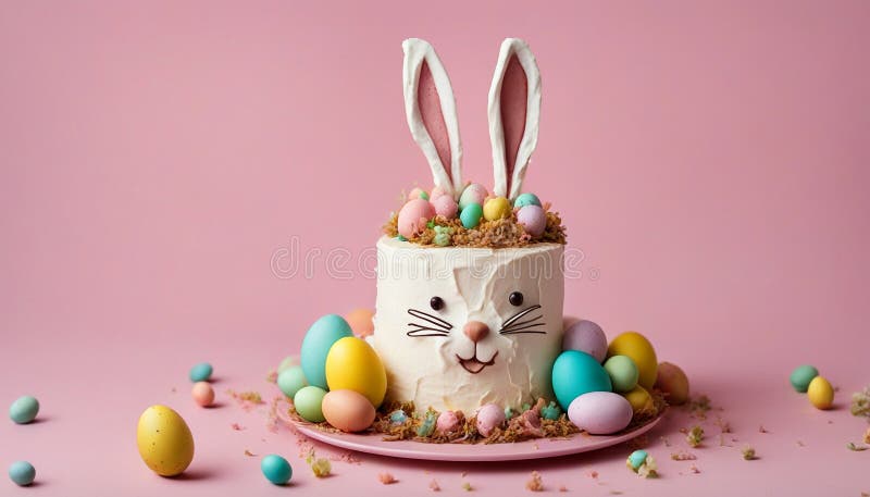 Easter Bunny Celebration Cake on a Pink Background Stock Illustration ...