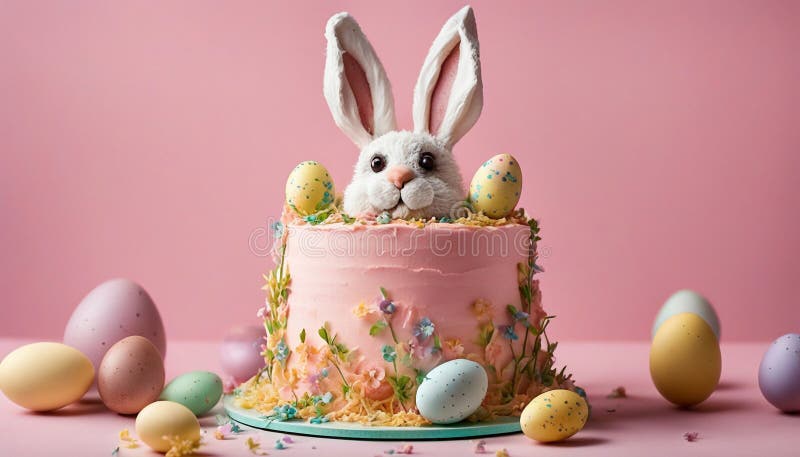 Easter Bunny Celebration Cake on a Pink Background Stock Illustration ...
