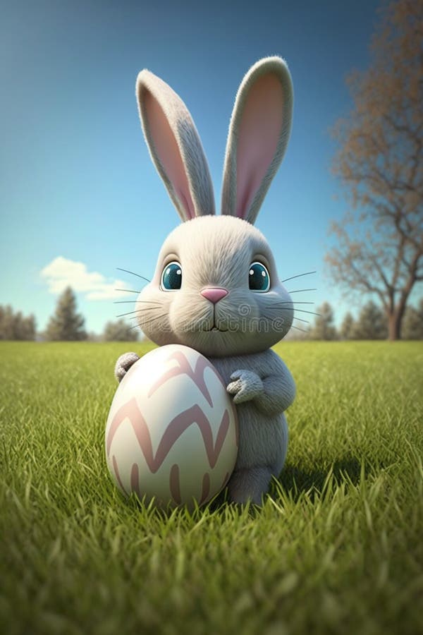 Easter Bunny Character with an Egg in Spring Meadow. Cute Easter ...
