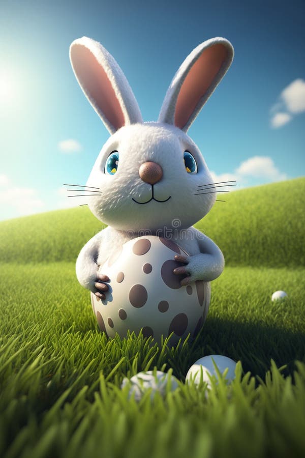 Easter Bunny Character with an Egg in Spring Meadow. Cute Easter ...