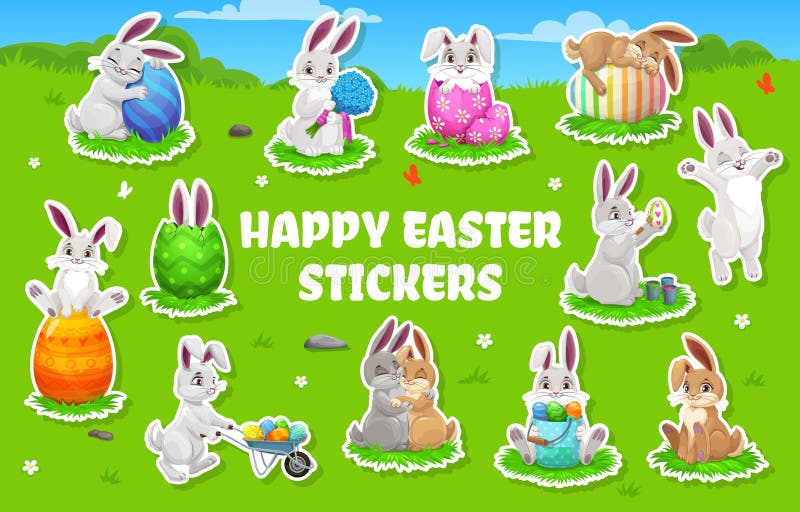 Easter Bunny Characters with Eggs Stickers Pack Stock Vector ...