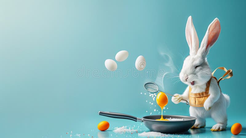 Easter Bunny Chef Preparing Eggs. Blue Background with Place for Text ...