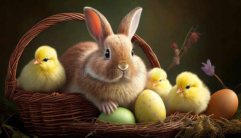 Easter bunny and chickens. stock image. Image of basket - 372759153