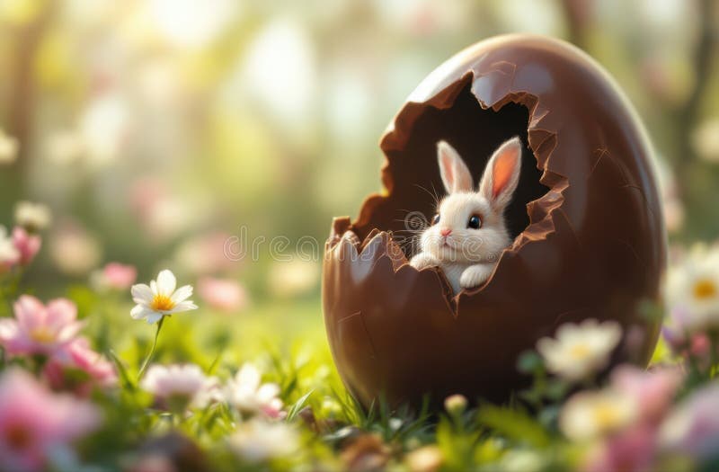 An Easter Bunny in a Chocolate Egg at a Spring Scene Stock Illustration ...