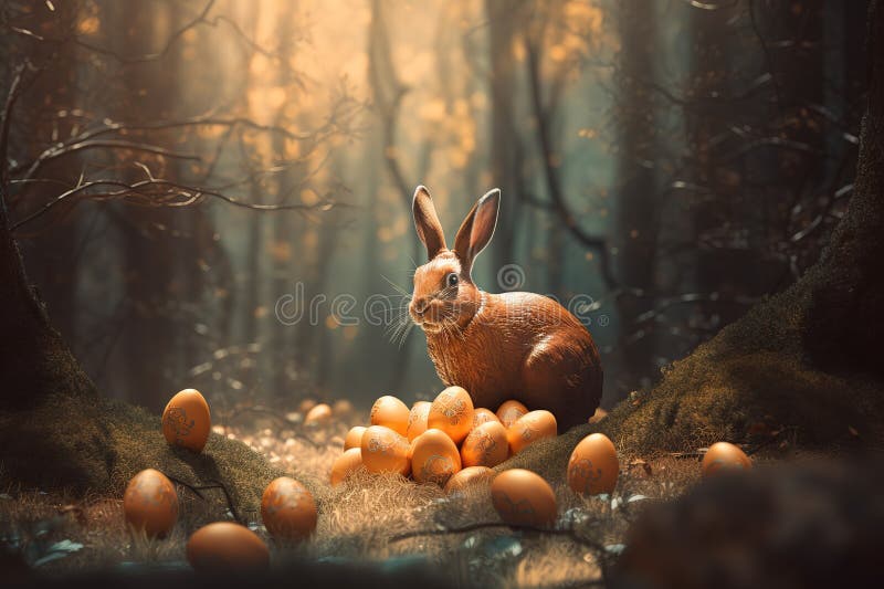 Easter Bunny with Chocolate Eggs in the Forest. Generative AI Stock ...