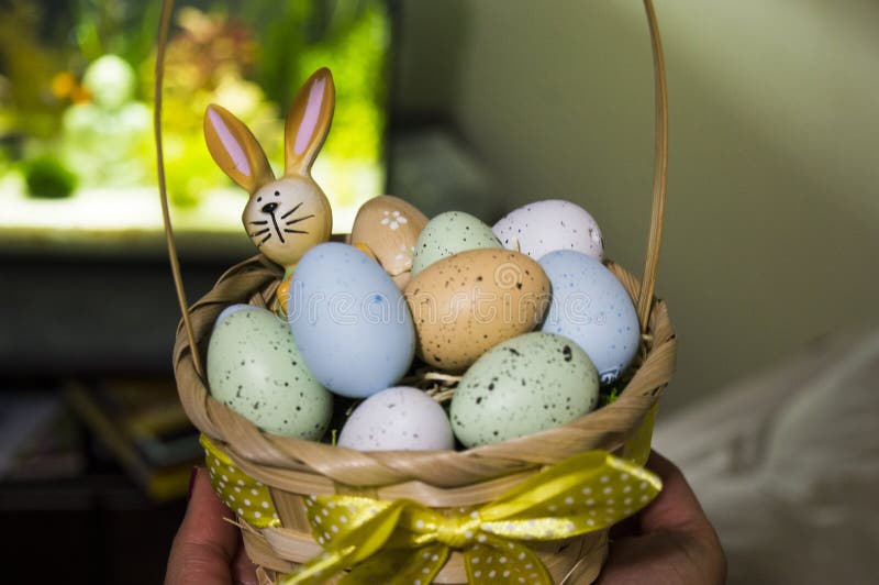 Easter Bunny Closeup with Colorful Eggs and Fish Aquarium in Background ...