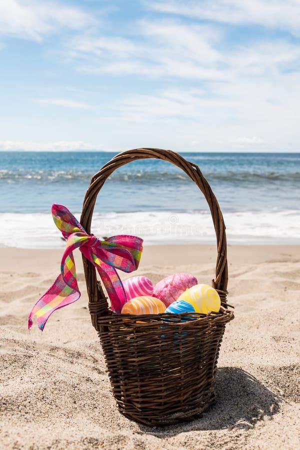 Easter Basket with Eggs on the Beach Stock Image - Image of beige ...