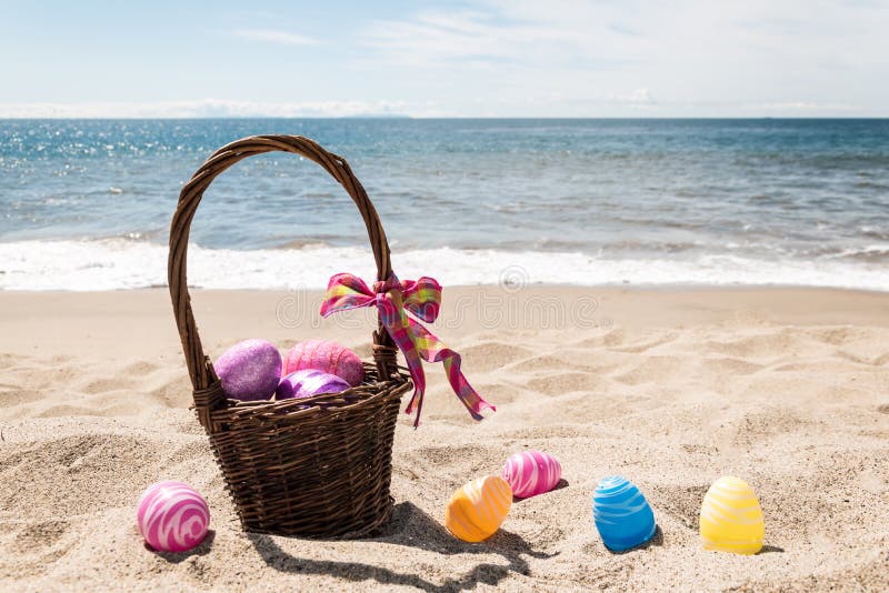 Easter Basket with Eggs on the Beach Stock Image - Image of beige ...