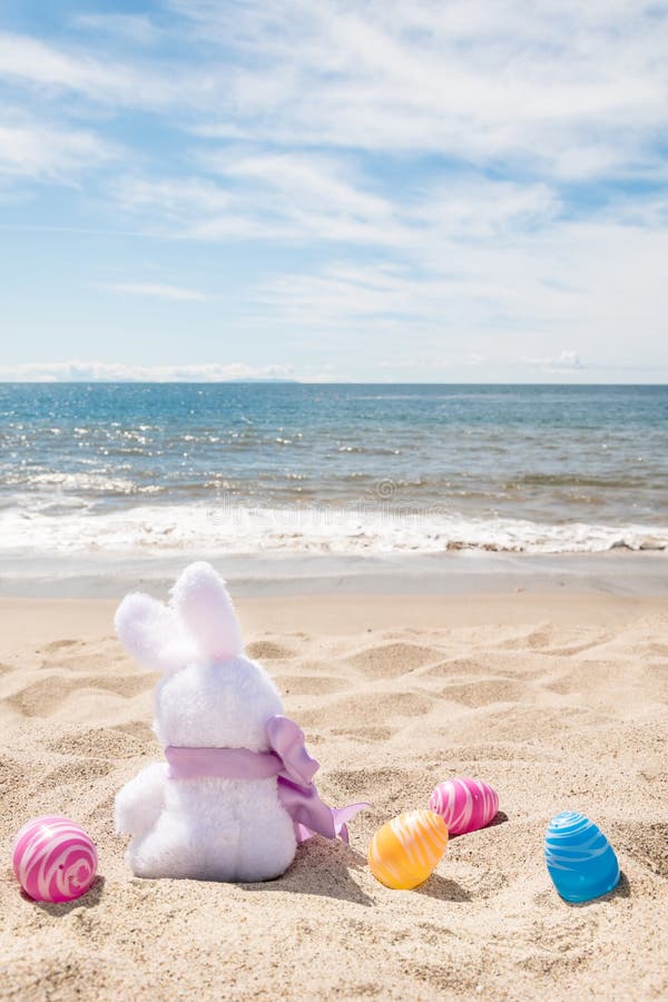 Easter Bunny with Color Eggs on the Ocean Beach Stock Image - Image of ...