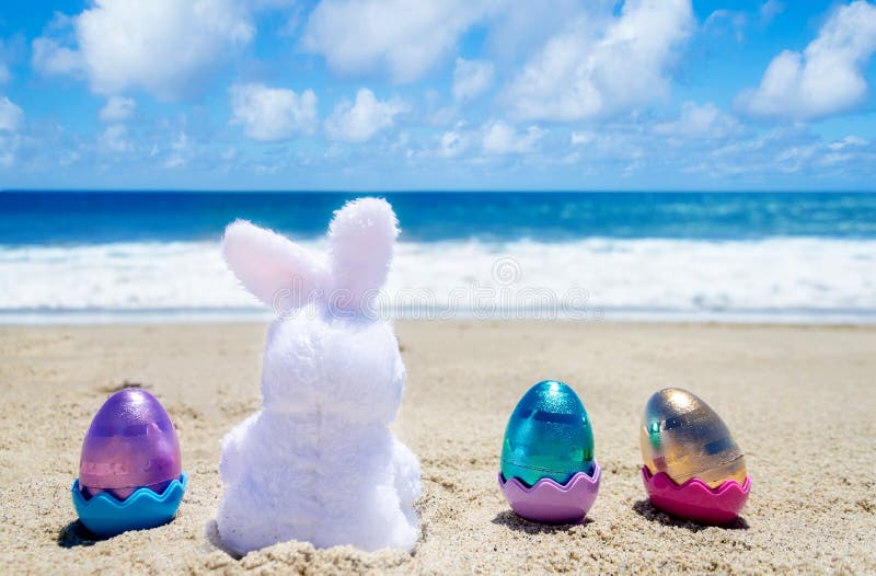 Easter Bunny with Color Eggs on the Ocean Beach Stock Photo - Image of ...