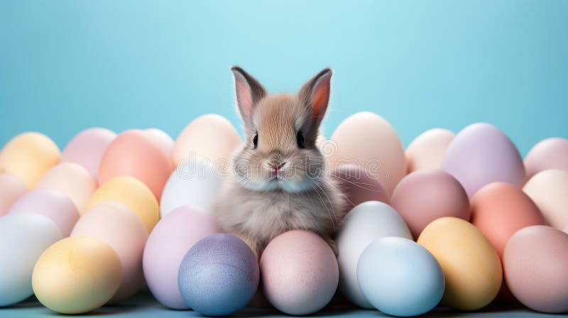 Easter Bunny with Color Painted Eggs on Blue Background Stock ...