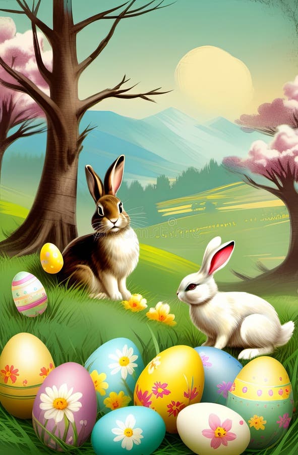 Easter Bunny and Colored Eggs on a Flower Field Stock Illustration ...
