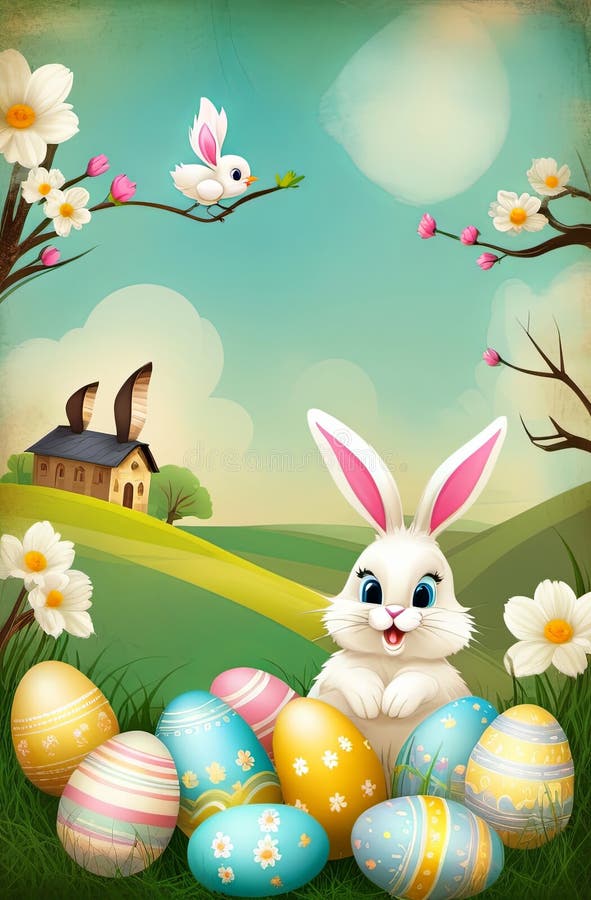 Easter Bunny and Colored Eggs on a Flower Field. Stock Illustration ...