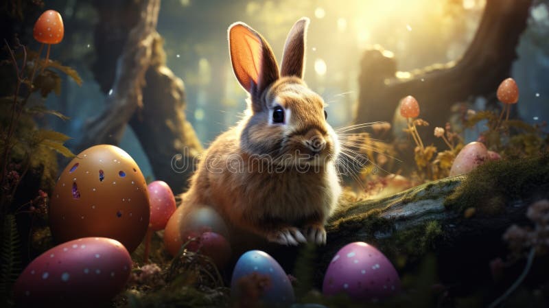 Easter Bunny and Colored Eggs in Magic Fairy Tale Forest. Spring ...