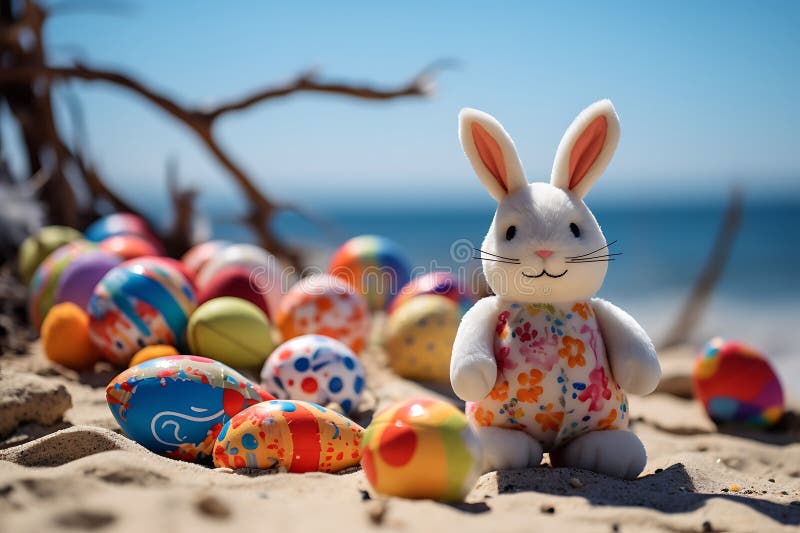 Easter Bunny with Colorful Eggs on Beach Stock Illustration ...