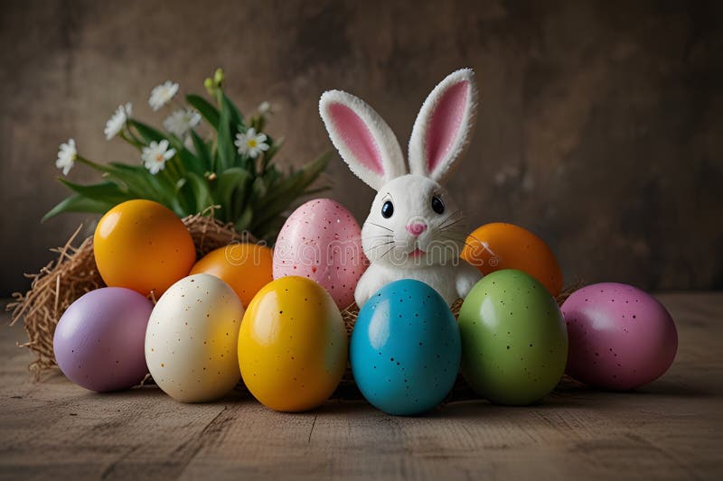 Easter Bunny with Colorful Eggs, Cute Rabbit and Easter Eggs ...