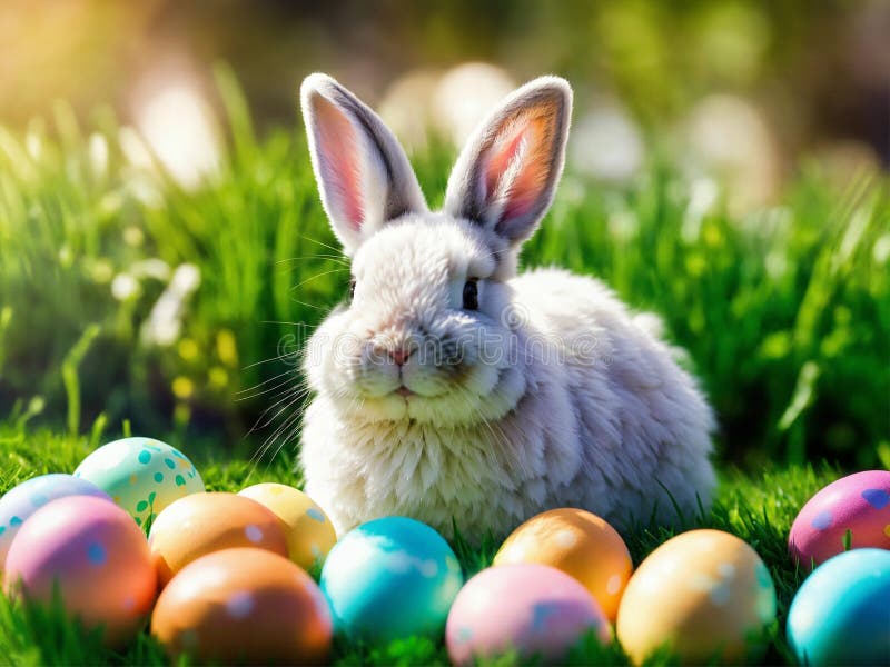 Easter Bunny and Colorful Eggs on Green Grass. the Concept of Spring ...
