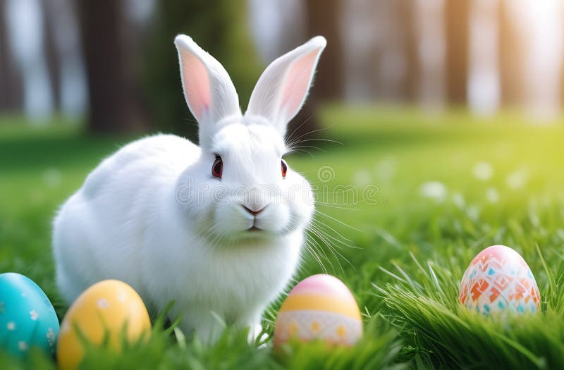 Easter Bunny,Colorful Eggs,Green Grass,Hare Sitting in Grass,Cute Bunny Stock Illustration ...
