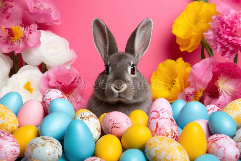 Easter Bunny among Colorful Eggs and Spring Flowers Stock Image - Image ...