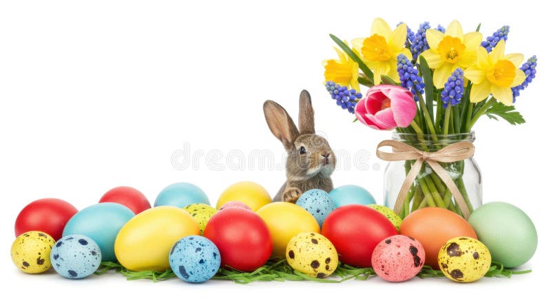 Easter Bunny with Colorful Eggs and Spring Flowers in Glass Jar on ...