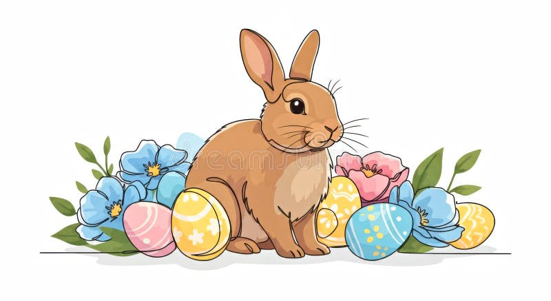 Easter Bunny with Colorful Eggs and Spring Flowers Illustration Stock ...