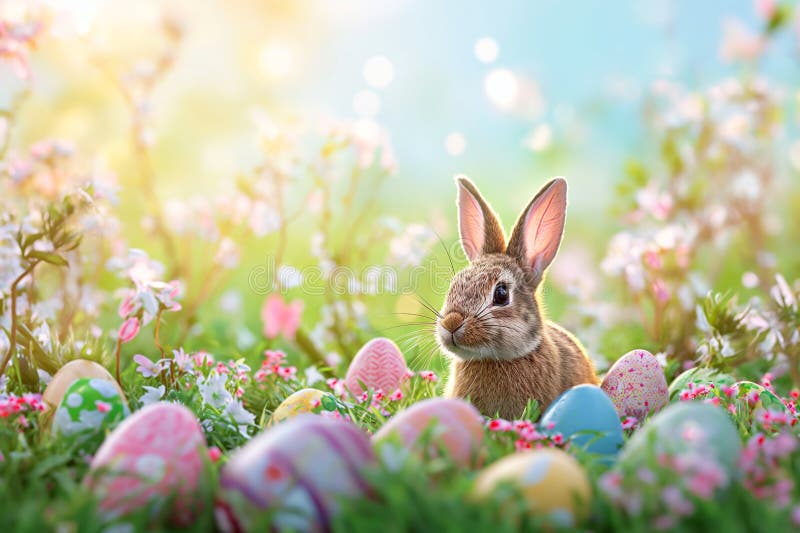 Easter Bunny with Colorful Eggs in Spring Meadow Stock Illustration ...