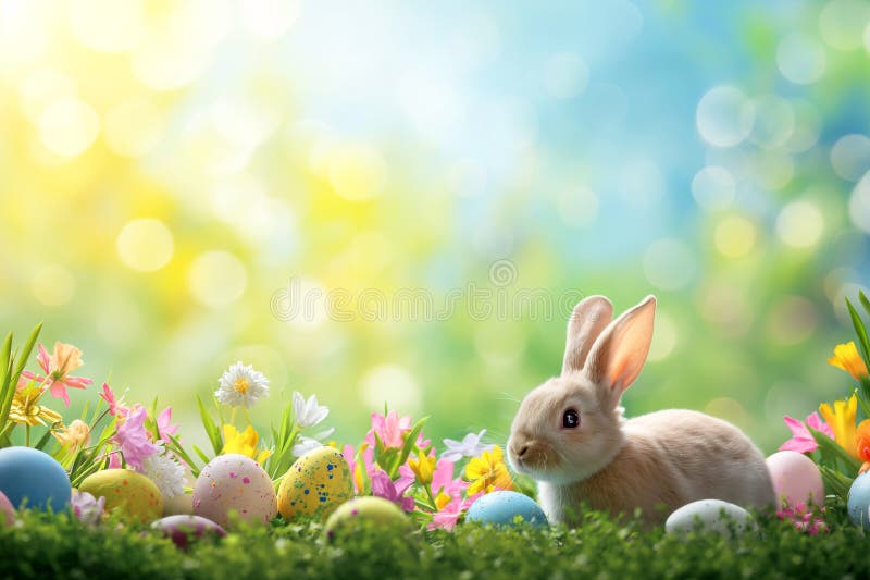 Easter Bunny with Colorful Eggs in Spring Meadow Stock Illustration ...
