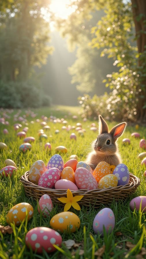Easter Bunny with Colorful Eggs in Sunny Spring Garden Stock Image ...