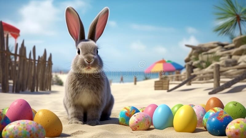 Easter Bunny with Colorful Easter Eggs on a Tropical Beach. Generative ...