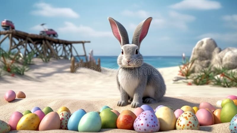Easter Bunny with Colorful Easter Eggs on a Tropical Beach. Generative ...