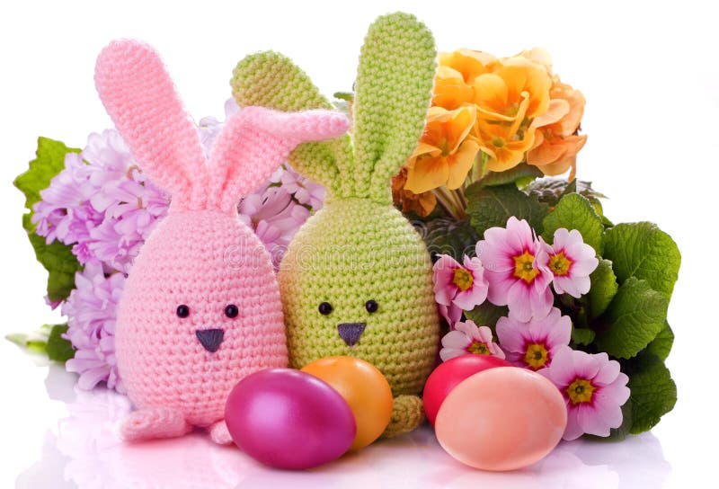 Easter Bunny with Colorful Flowers and Easter Eggs Stock Photo - Image ...