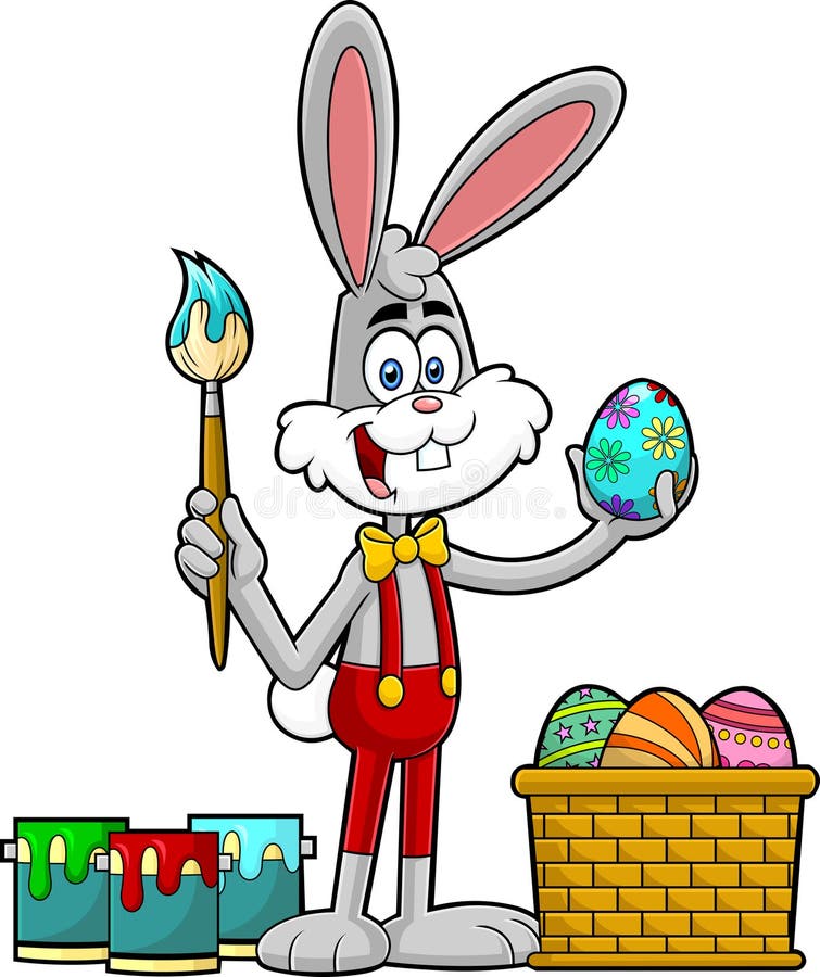 Happy Rabbit Cartoon Character Painting Easter Eggs Stock Vector ...