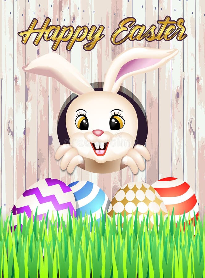 Easter Bunny Coming Out of the Hole with Painted Easter Eggs and Green ...