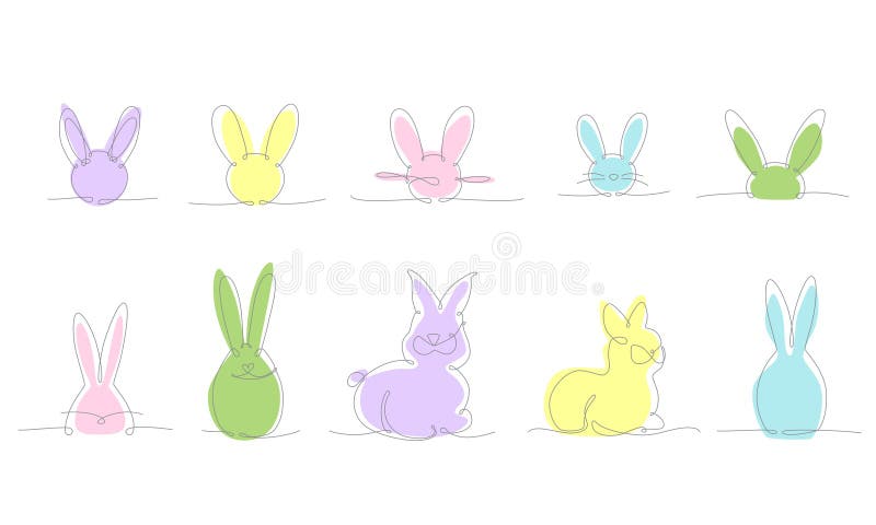 Easter Bunny Continues Line Hand Draw Pack Elements. Vector Stock ...