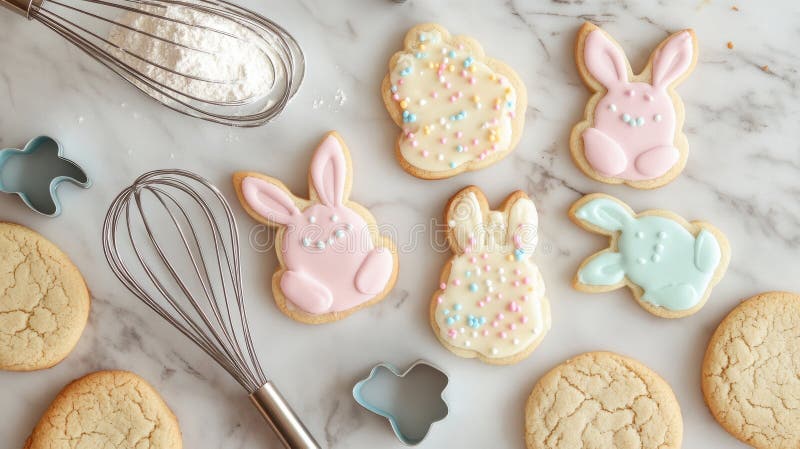 Easter Bunny Cookies on Marble with Baking Tools and Sprinkles Stock Image - Image of bunny ...