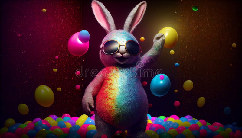 Easter Bunny on the Dance Floor in Disco Style. Easter Eggs are ...
