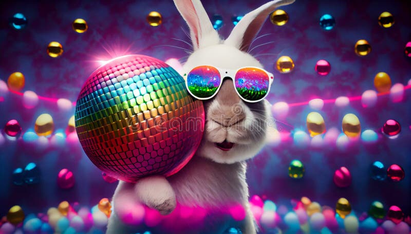 Easter Bunny on the Dance Floor in Disco Style. Easter Eggs are ...