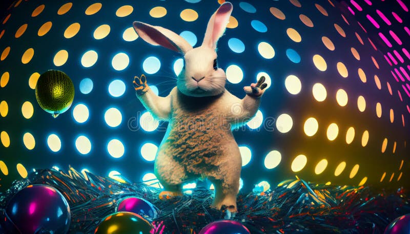 Easter Bunny on the Dance Floor in Disco Style. Easter Eggs are ...
