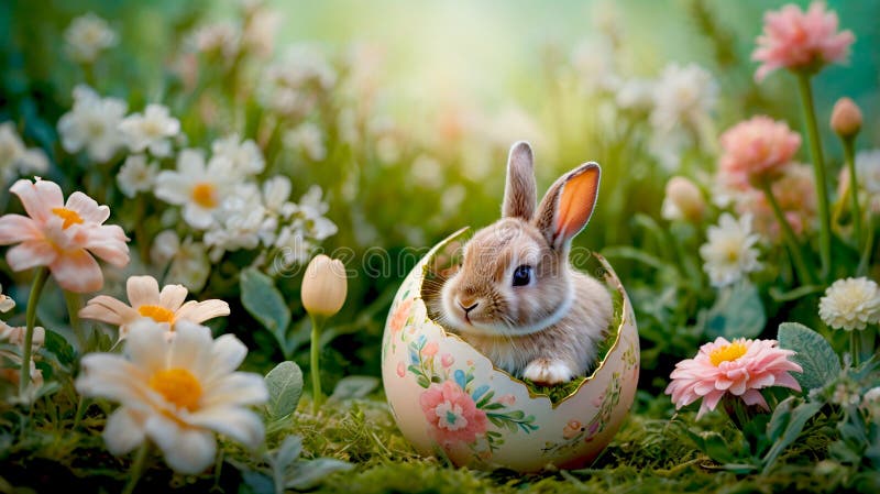 Easter Bunny in Decorated Egg among the Spring Flowers Stock ...