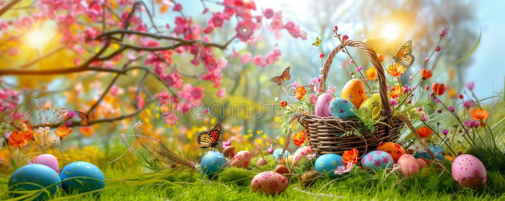 Easter Bunny Decorated Eggs Adorable Rabbit Spring Color Copy Space ...