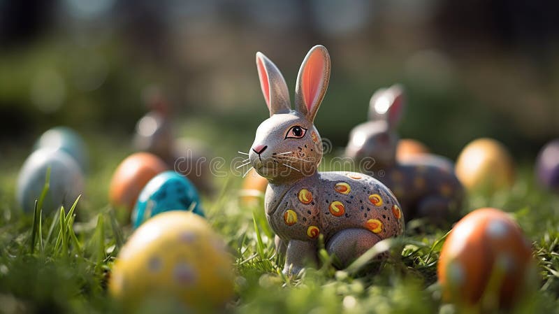 Easter Bunny - Decorated Eggs and Cute Rabbit in Sunny Spring Meadow ...