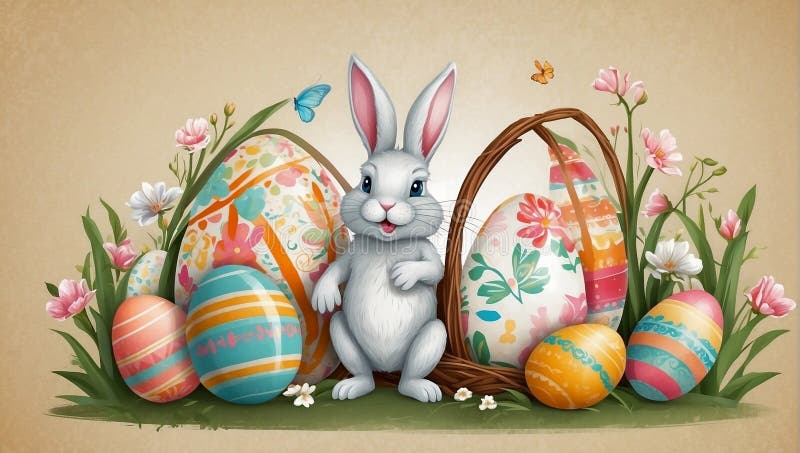 Easter Bunny with Decorated Eggs, Easter Images Stock Illustration ...