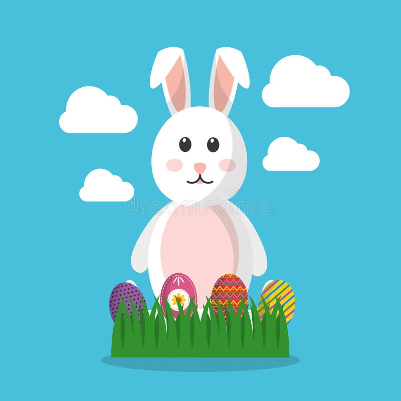 Easter Bunny Decorated Eggs On Grass And Clouds Stock Vector Illustration Of Clipart Sign